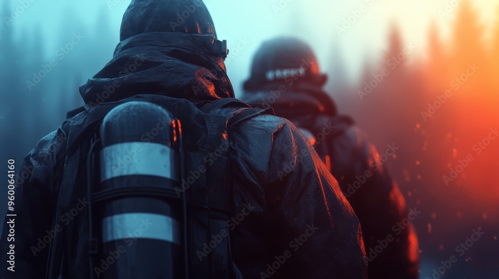 Two firefighters in full gear, captured from behind, are battling a ...