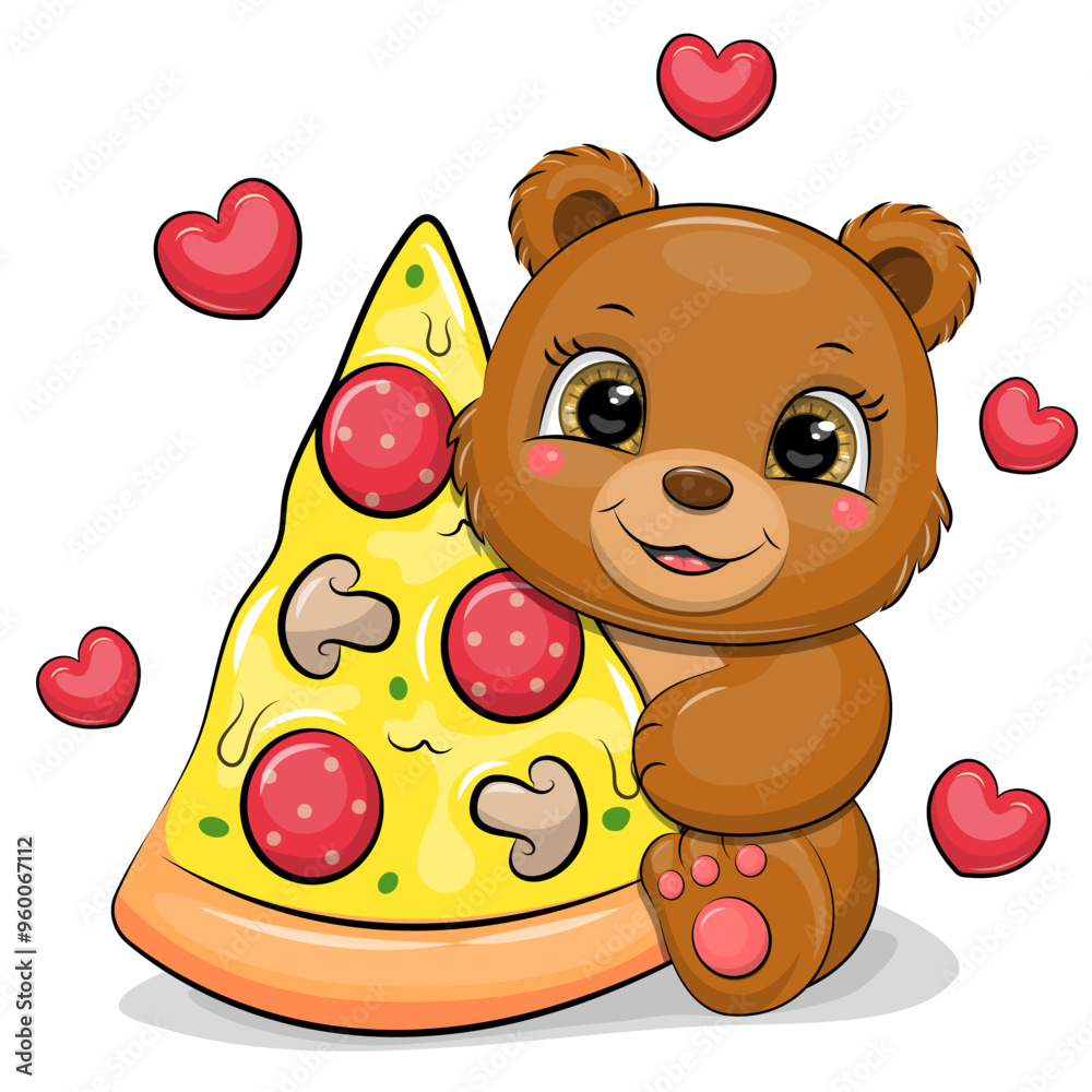 Cute cartoon brown bear with a big piece of pizza. Vector illustration ...