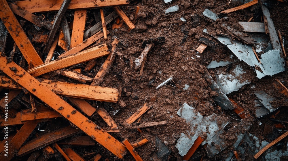 Wooden planks and rubble intermixed with dirt create a rich textured ...