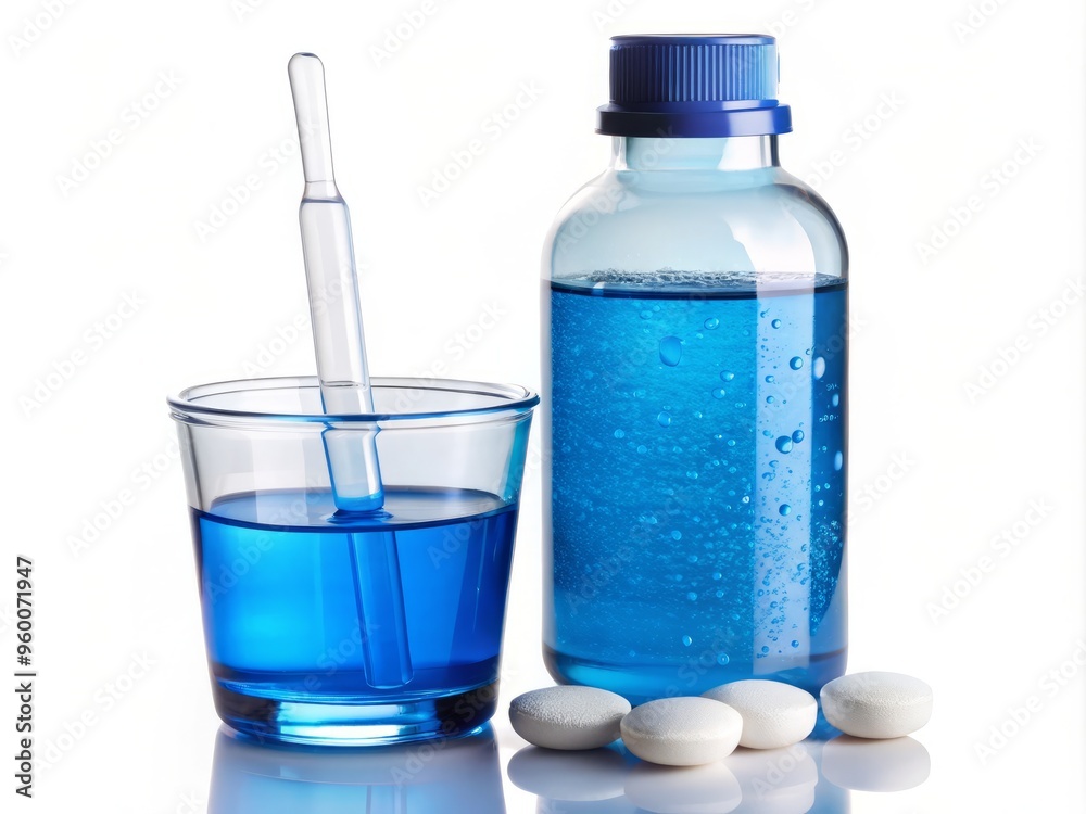 Dropper bottle with blue liquid and effervescent tablets in a beaker ...