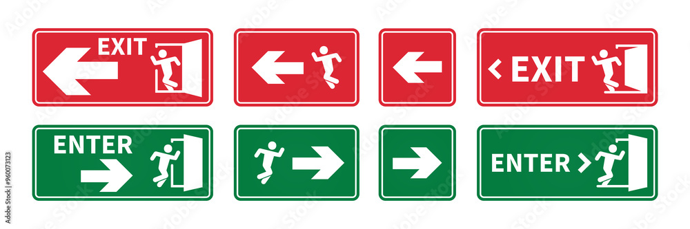 Entrance exit door icon set. Door open and closed with man and arrow ...