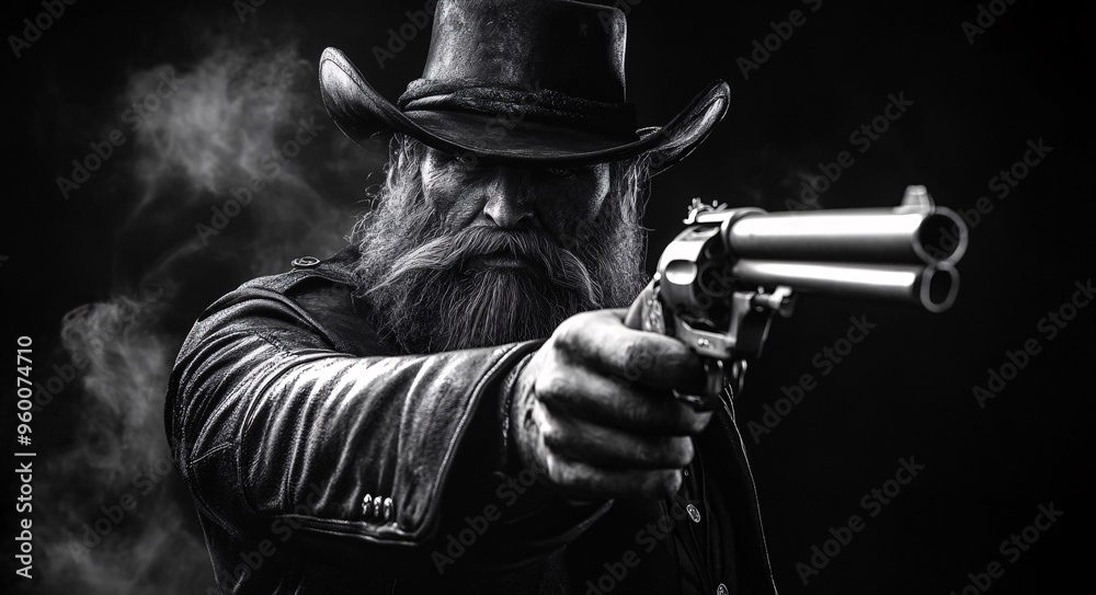 Black and White Cinematic Image of a Cowboy Pointing a Revolver in a ...