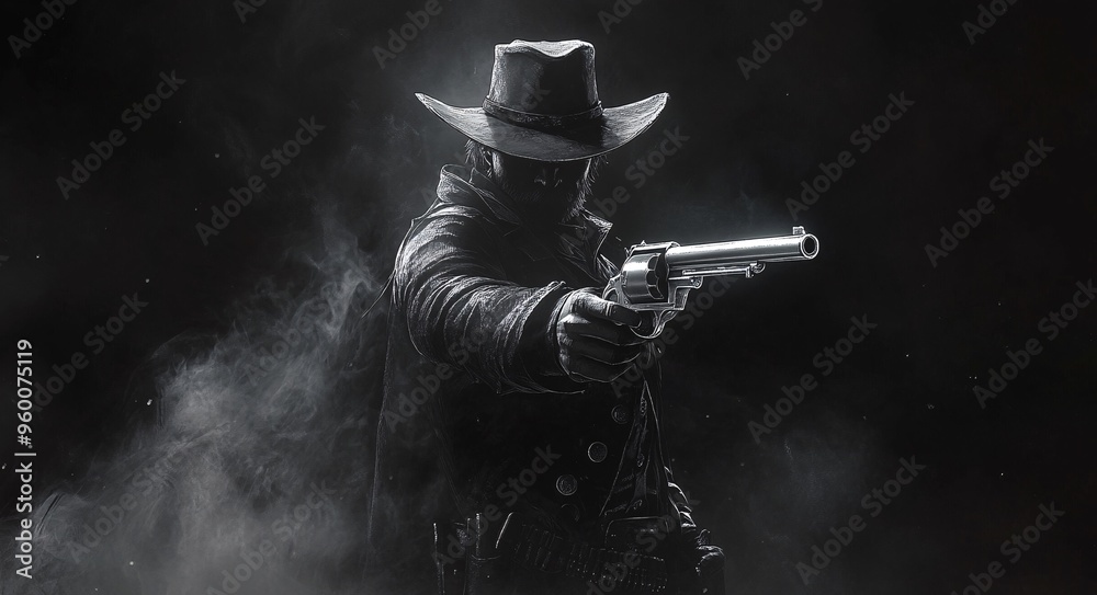 Black and White Cinematic Image of a Cowboy Pointing a Revolver in a ...