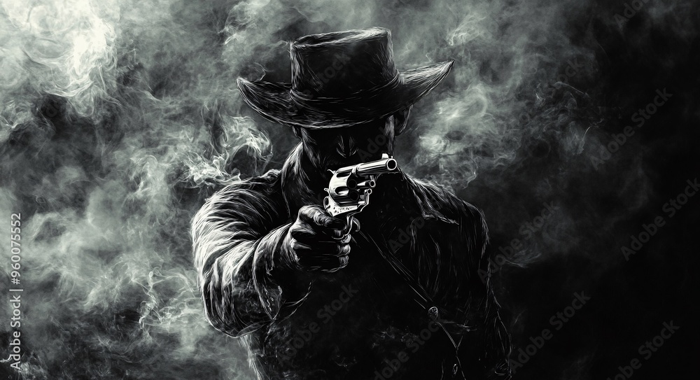 Black and White Cinematic Image of a Cowboy Pointing a Revolver in a ...