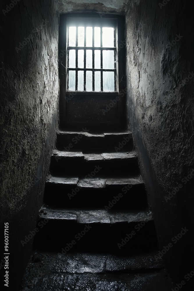 Dark stone staircase leading up to a small, barred window with faint ...