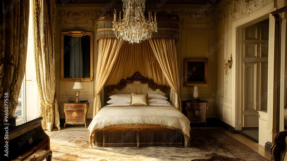 Luxurious and elegant bedroom featuring a grand canopy bed draped in ...