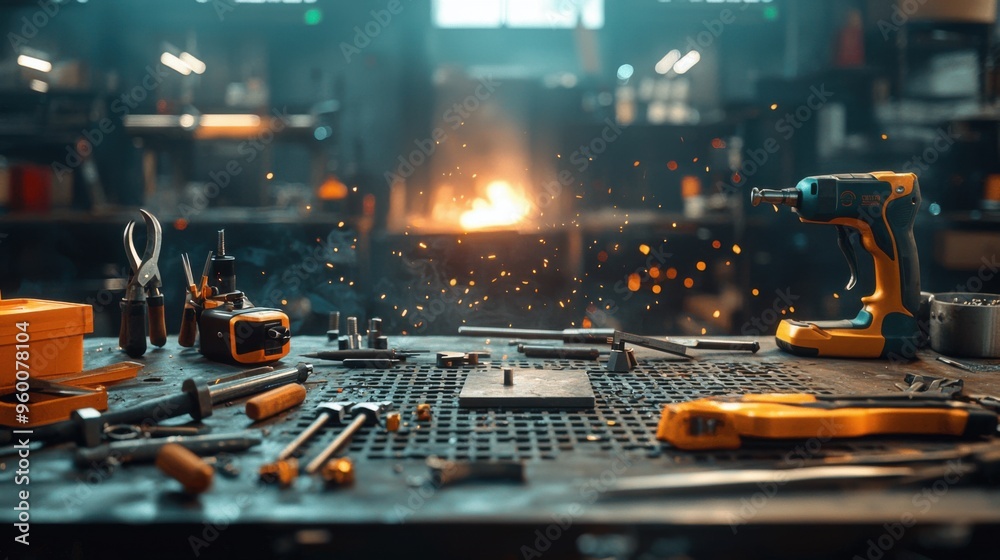 Top view of a workshop scene with multiple metal forging tools laid out ...