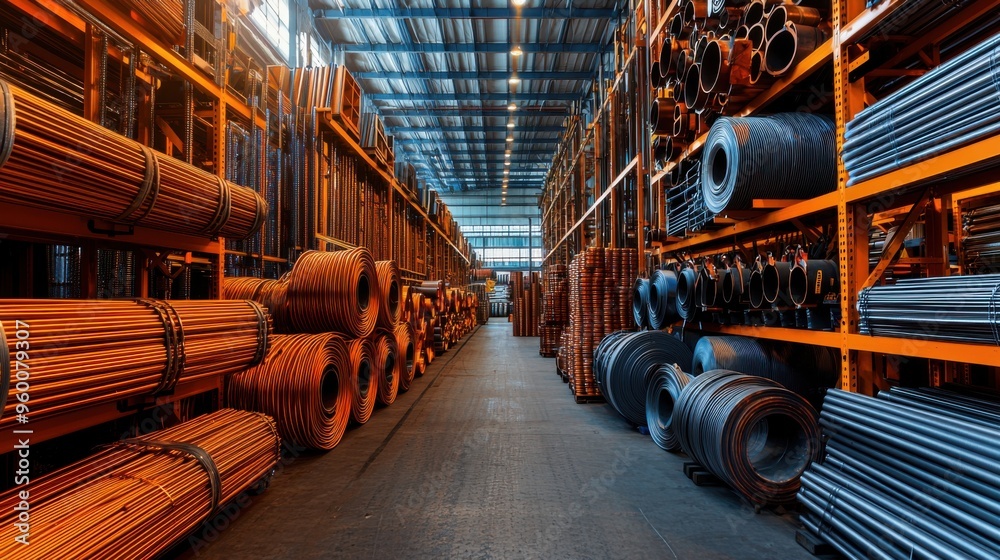 A comprehensive view of a metal warehouse with rolls of metal mesh ...