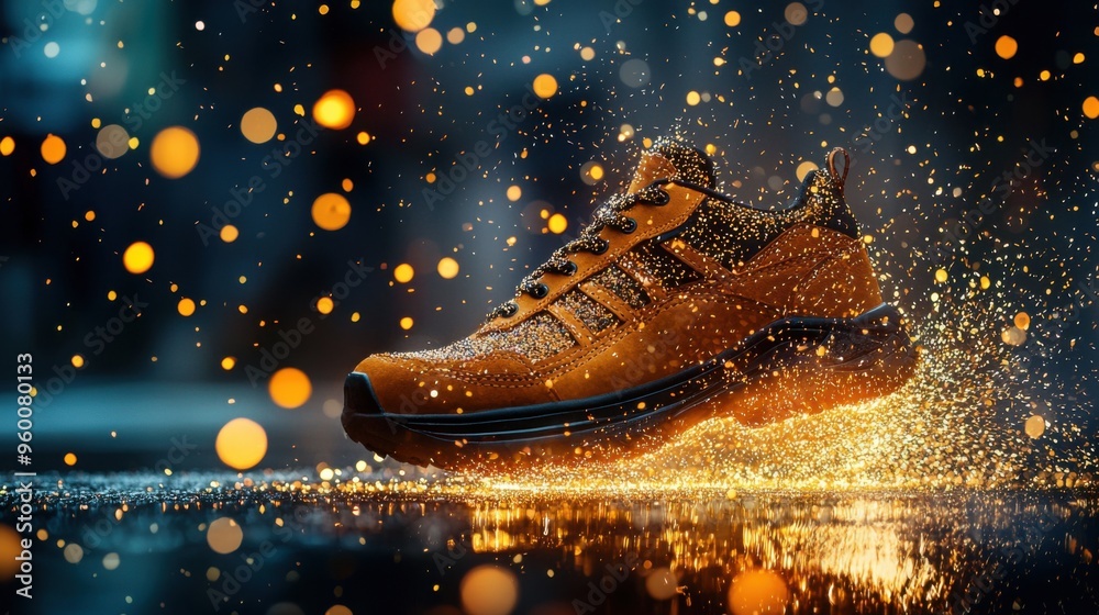 Safety shoe placed on a reflective surface with sparkles gently falling ...