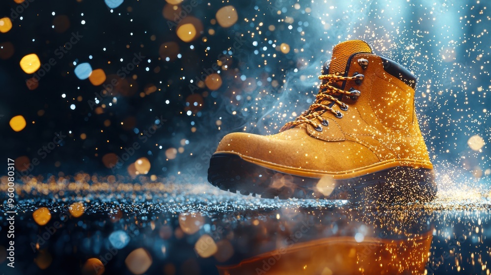Safety shoe placed on a reflective surface with sparkles gently falling ...