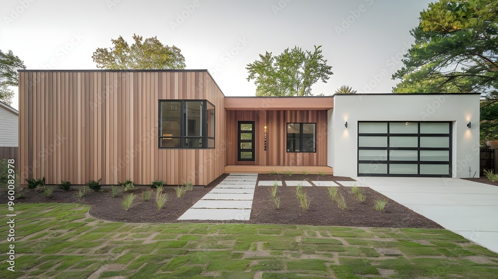 A modern ranch-style minimalist cubic house with a garage and ...