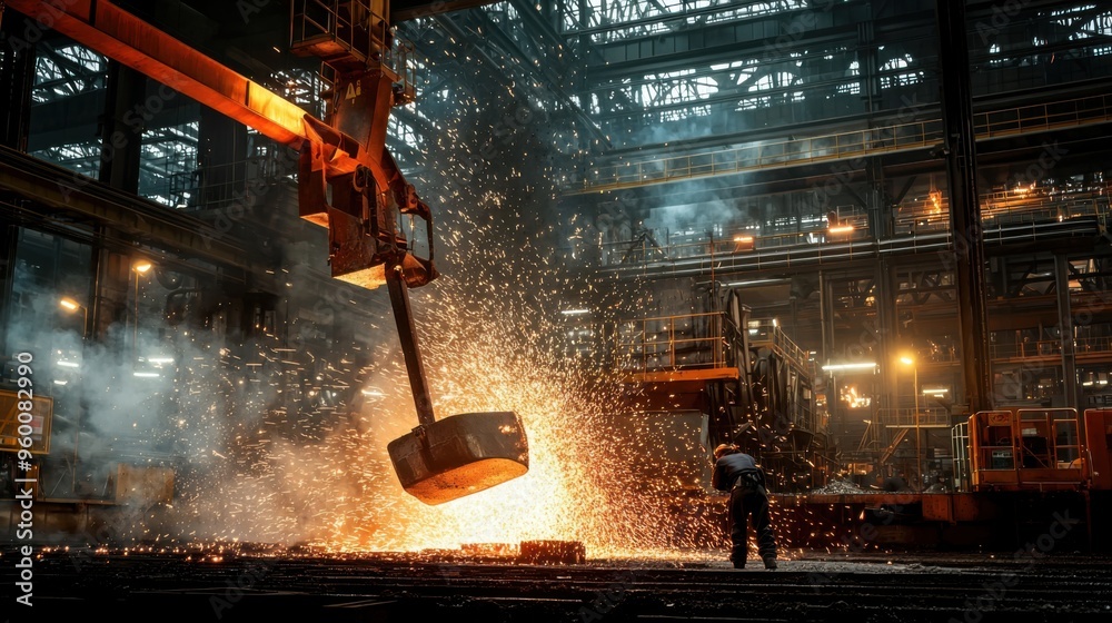 A bustling steel mill with molten steel being poured from a ladle into ...