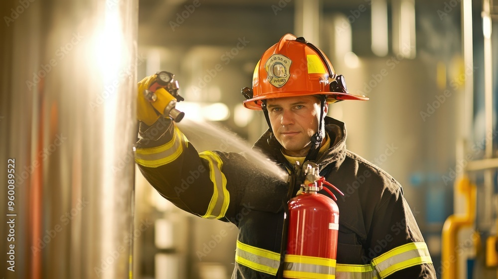 Firefighter in action using a fire extinguisher to maintain safety in ...