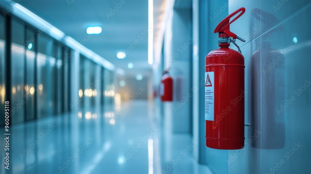 Brightly lit hallway with a prominently placed fire extinguisher on a ...