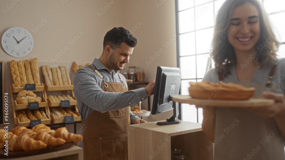 Man working at a bakery counter while a woman carries fresh bread in a ...