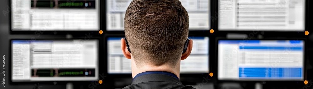 Data analyst monitoring network traffic on multiple screens, data breach prevention, corporate ...