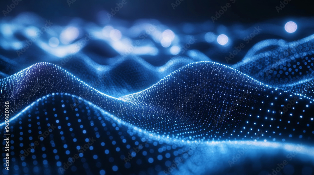 A wave of blue particles moves and changes. It's a futuristic design ...