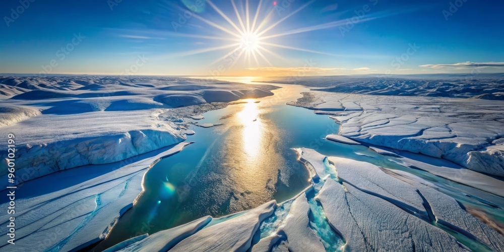 Overhead view of an ice sheet with a series of glacial lakes and ...