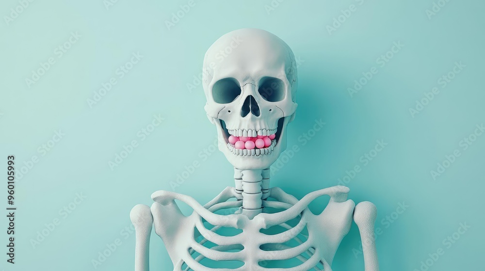 Skeleton with visible weak points, Vitamin D supplements repairing the ...