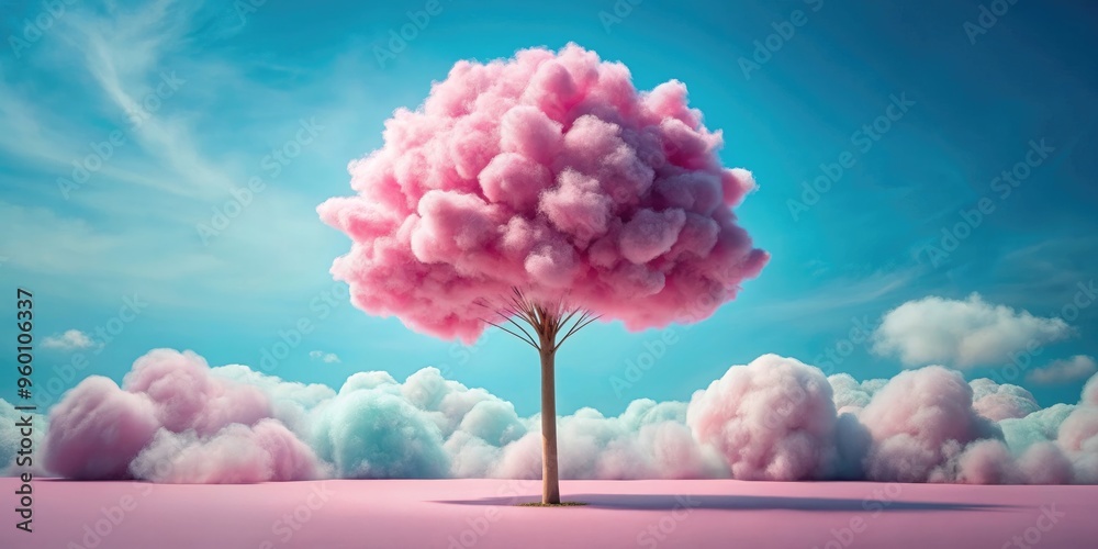 Sweet cotton candy tree with fluffy pink clouds of candy floss, cotton ...