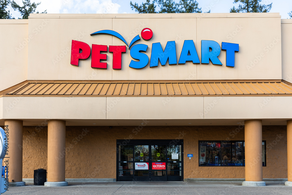 Beaverton, OR, USA - April 2, 2024 - Famous pets store chain Petsmart signage on on its store ...