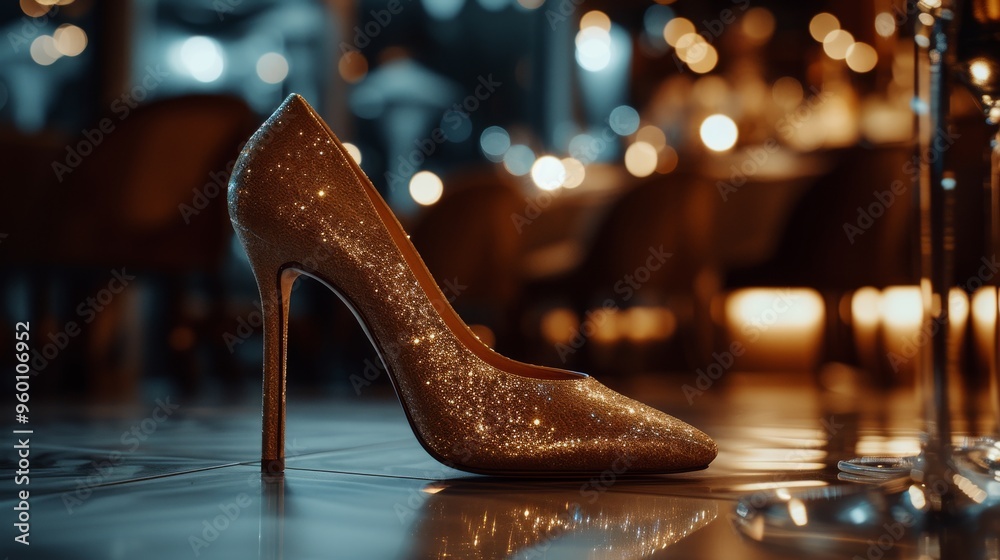 Glittering gold high heel shoe on a floor in a glamorous restaurant ...