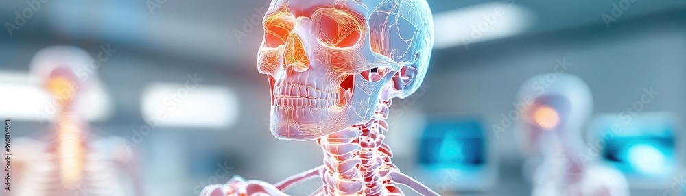 Skeleton with highlighted areas of osteoporosis, detailed condition ...