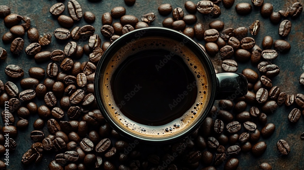 Coffee beans forming a pattern around a cup of black coffee, with rich ...