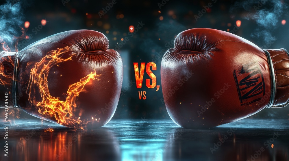 Two boxing gloves ignited with flames face each other with a VS sign in ...