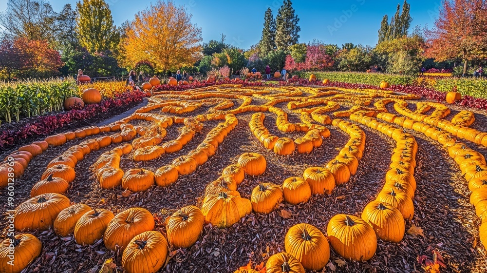 A vibrant corn maze scene in the heart of autumn, with golden corn ...