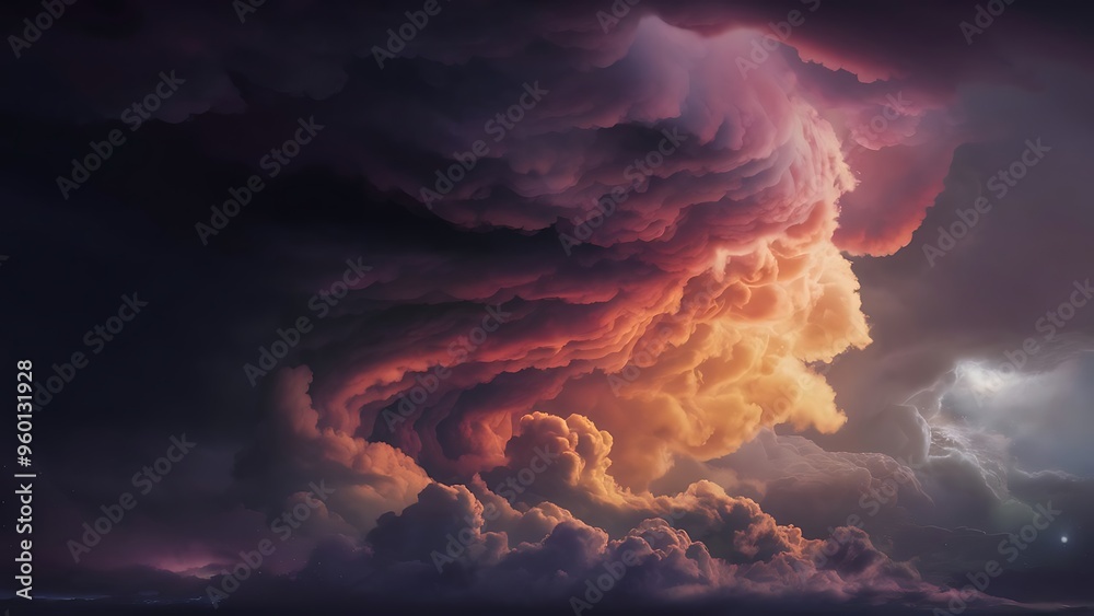 Surreal, storm clouds shading from dark purples and reds to oranges and ...