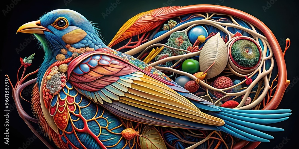 Vibrant illustration of a bird's internal organs, showcasing feathers ...