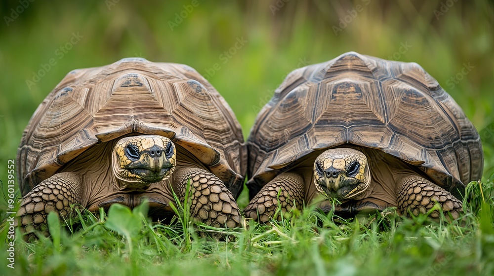 Two African spurred tortoises munch on fresh grass, their massive ...