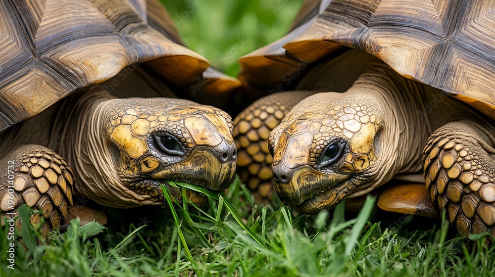 Two African spurred tortoises munch on fresh grass, their massive ...