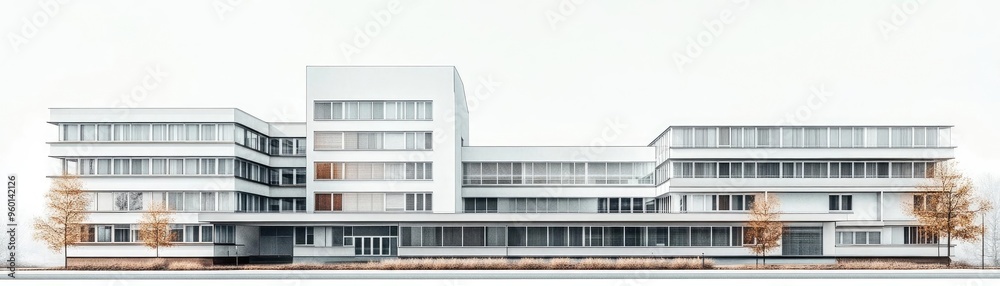 A series of Bauhaus-inspired buildings with flat roofs, functional ...