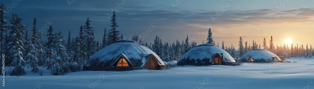 A series of traditional igloos on a snowy landscape, showcasing the ...