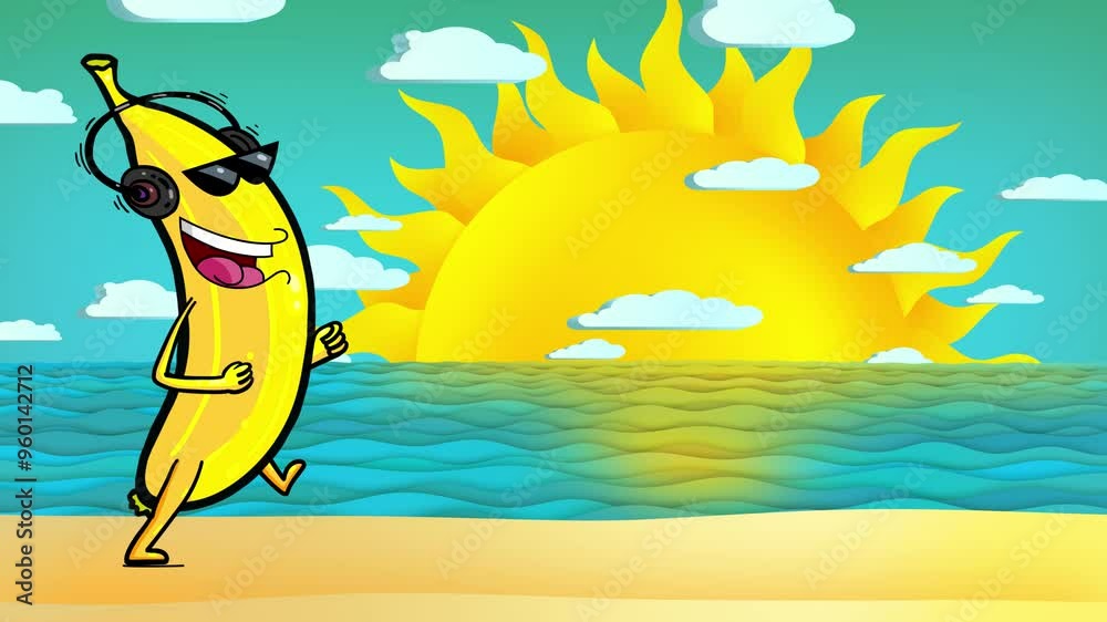 Cartoon character yellow banana left side with headphones. Walking and ...