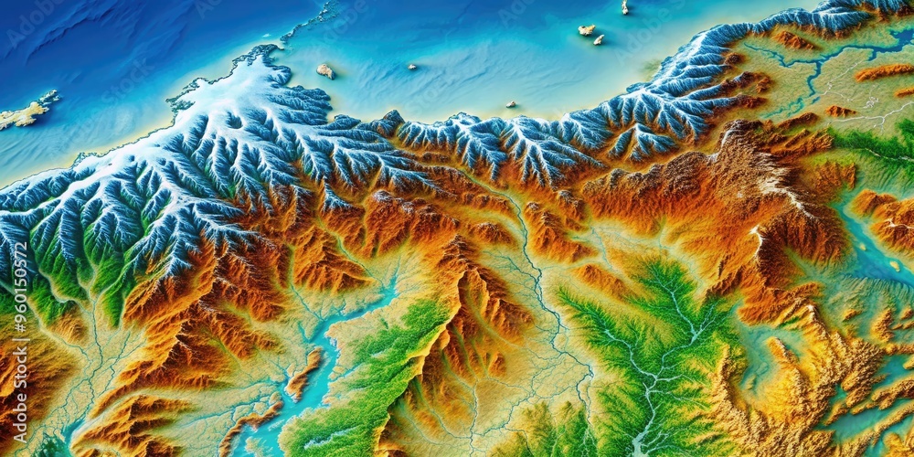 Vibrant topographic map of Changbai Mountains, a majestic volcanic ...