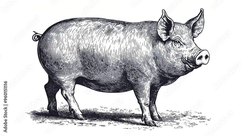 Pig, hog, boar. Vintage retro print, black white pig sketch ink pencil ...