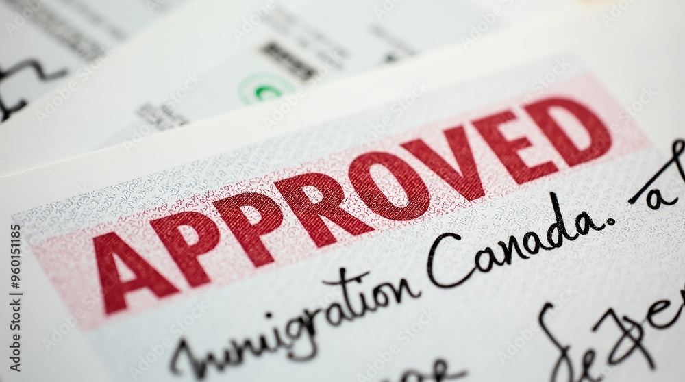 Approved stamp over Canadian immigration document close-up Stock Photo ...