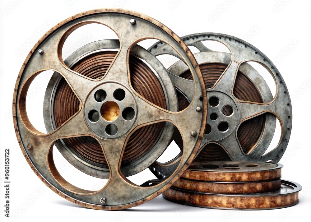 Vintage film reel clipart with worn edges, rusty metal, and unwinding ...