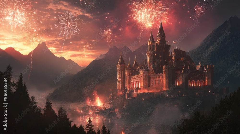 Fireworks lighting up a medieval castle, with the ancient structure ...