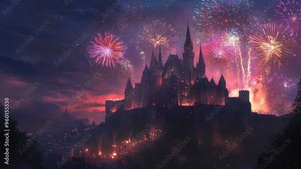 Fireworks lighting up a medieval castle, with the ancient structure ...