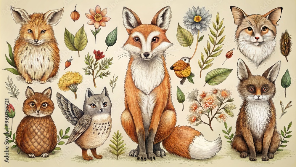 Whimsical collection of hand-drawn wildlife illustrations featuring ...