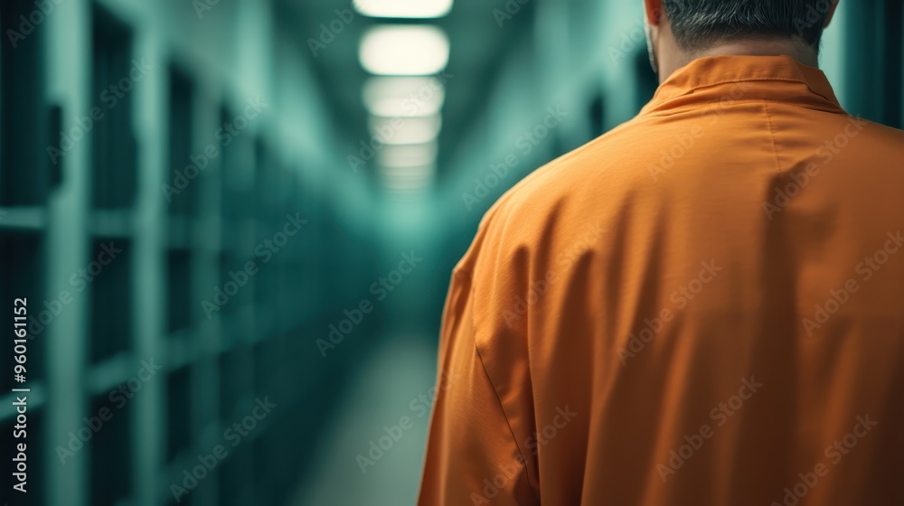 An inmate dressed in an orange jumpsuit walks down a dimly lit, narrow ...
