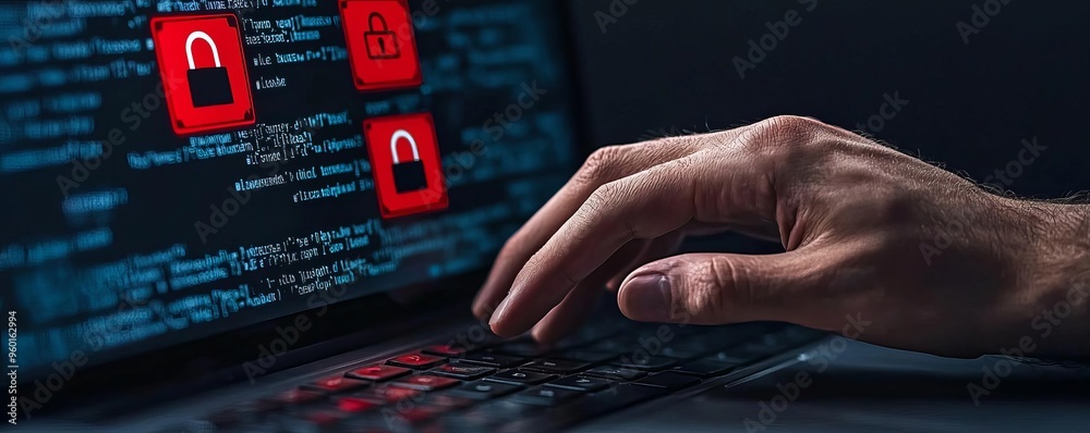 Computer screen with red warning signs and a hand reaching towards a ...