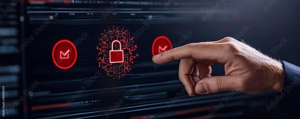 Computer screen with red warning signs and a hand reaching towards a ...