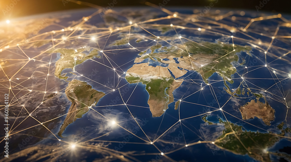 Global business network with world map and connecting flight paths ...