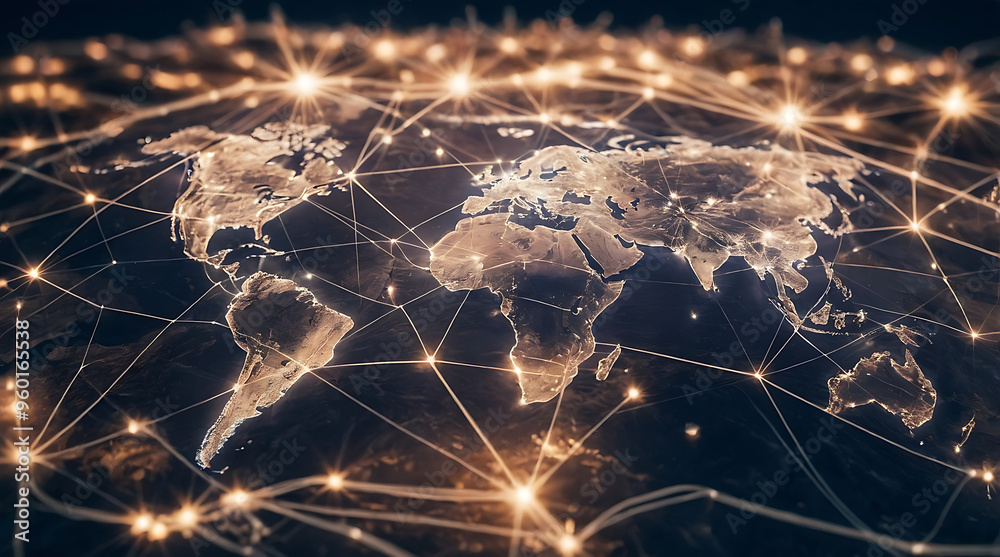 Global business network with world map and connecting flight paths ...