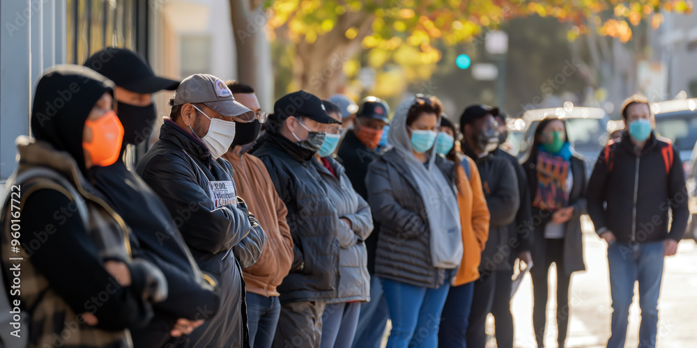 Long line of people practicing social distancing, wearing masks, and ...